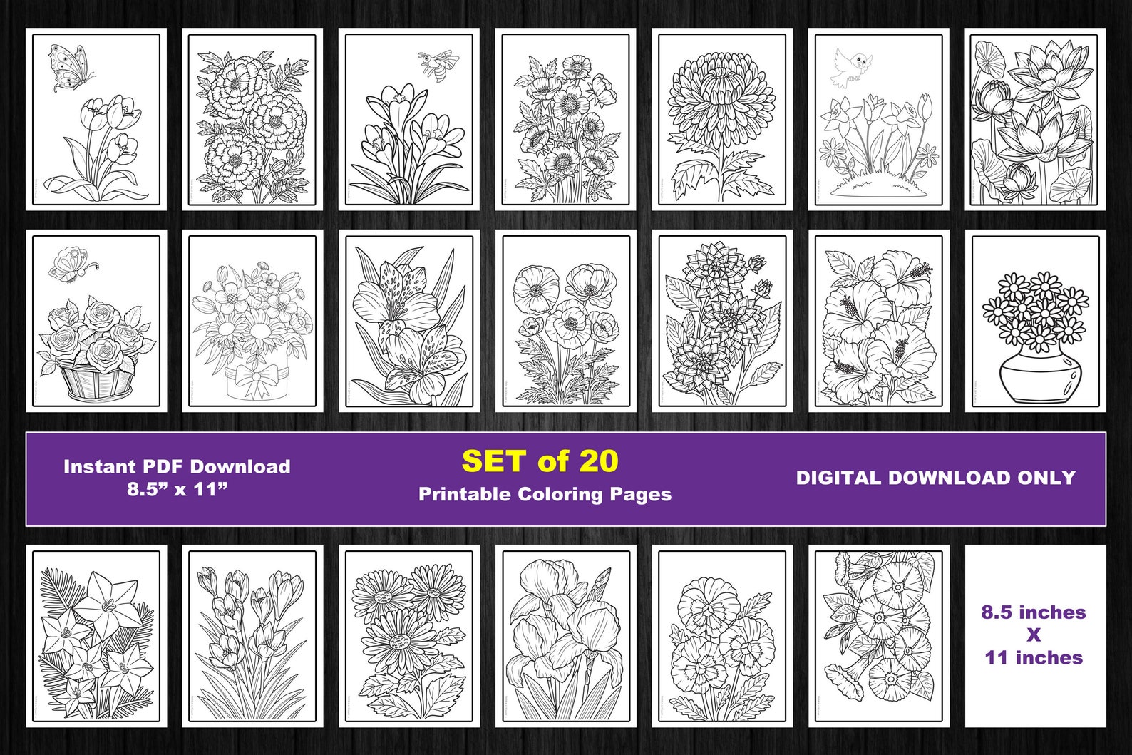 Set of 20 Printable Flower Coloring Pages for Kids. Perfect for Kids ...