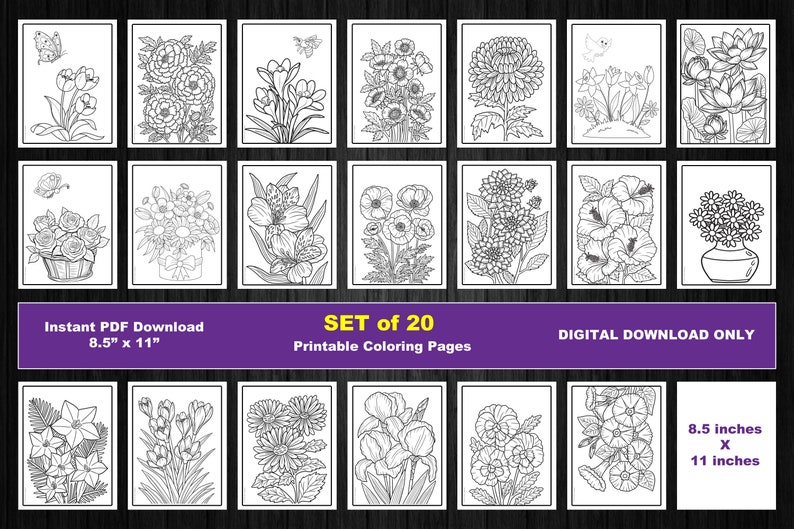 Set of 20 Printable Flower Coloring Pages for Kids. Perfect for Kids ...