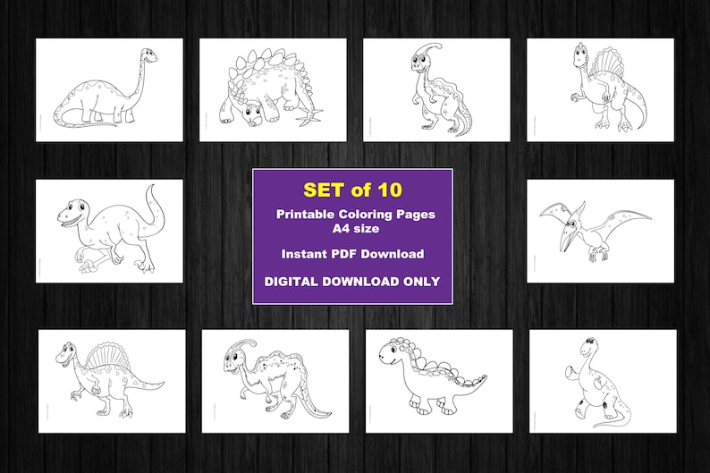 Set of 10 Printable Dinosaurs Coloring Pages for Kids. Perfect for Kids ...