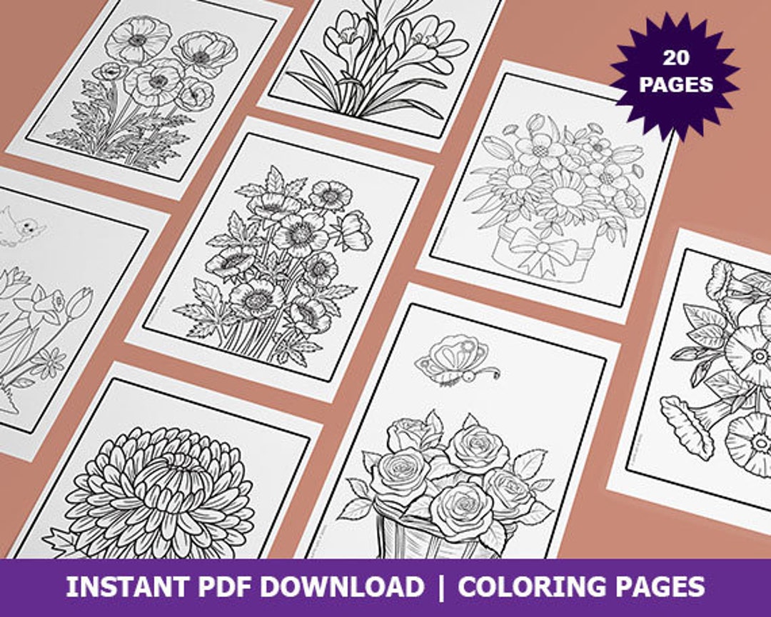 Set of 20 Printable Flower Coloring Pages for Kids. Perfect for Kids ...