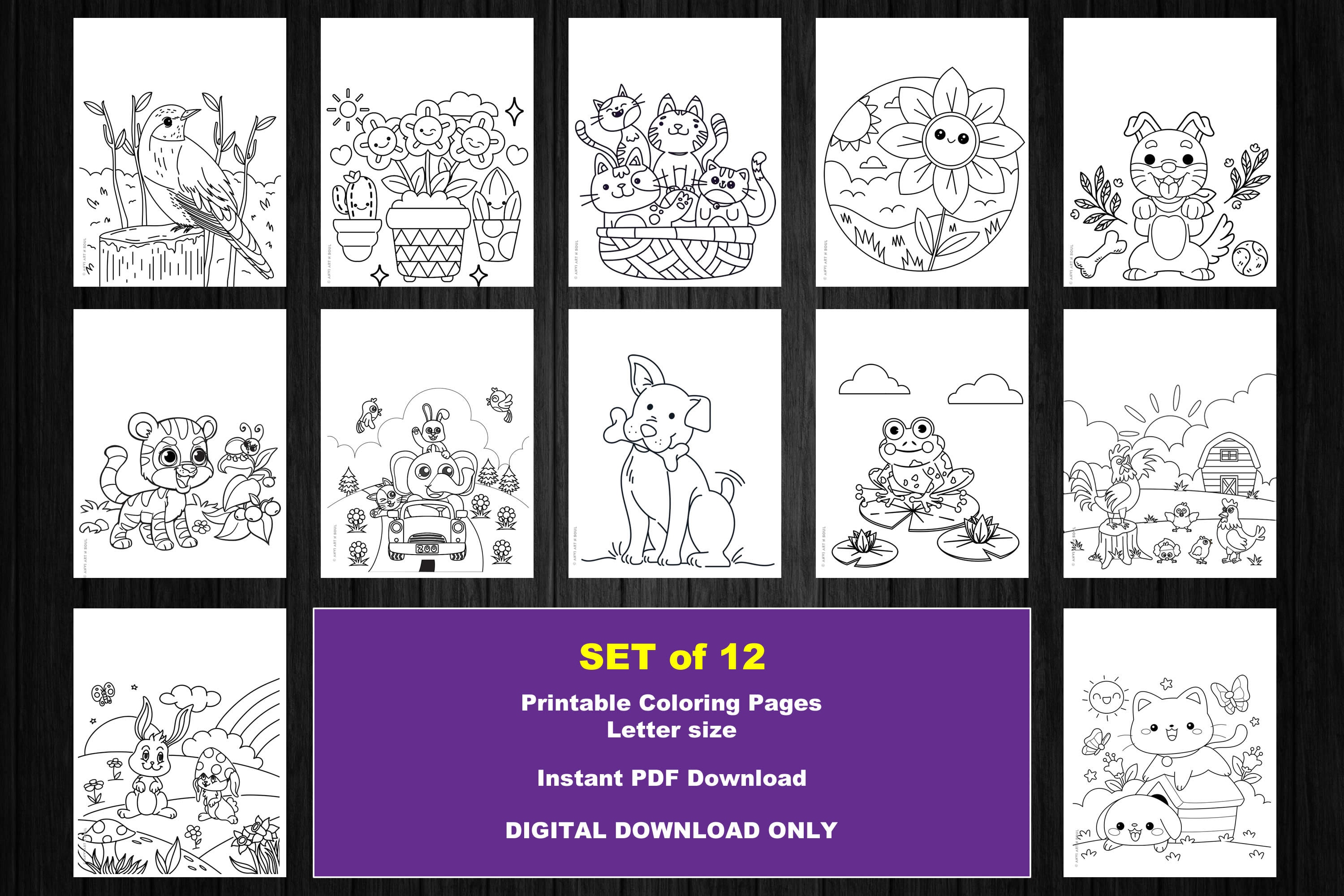 Set of 12 Printable Flower & Animals Coloring Pages for Kids. for Kids ...