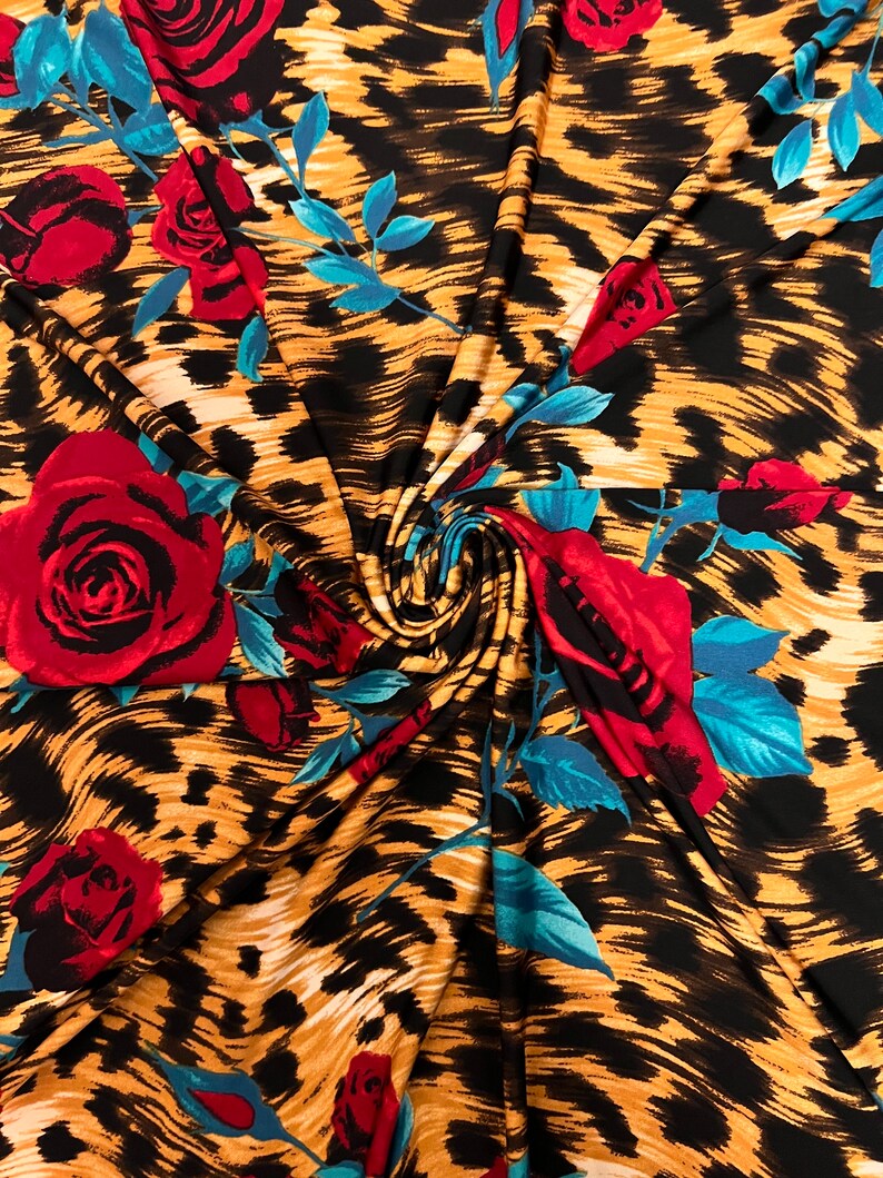 Romantic Roses Over Leopard Design on Polyester Spandex - Etsy