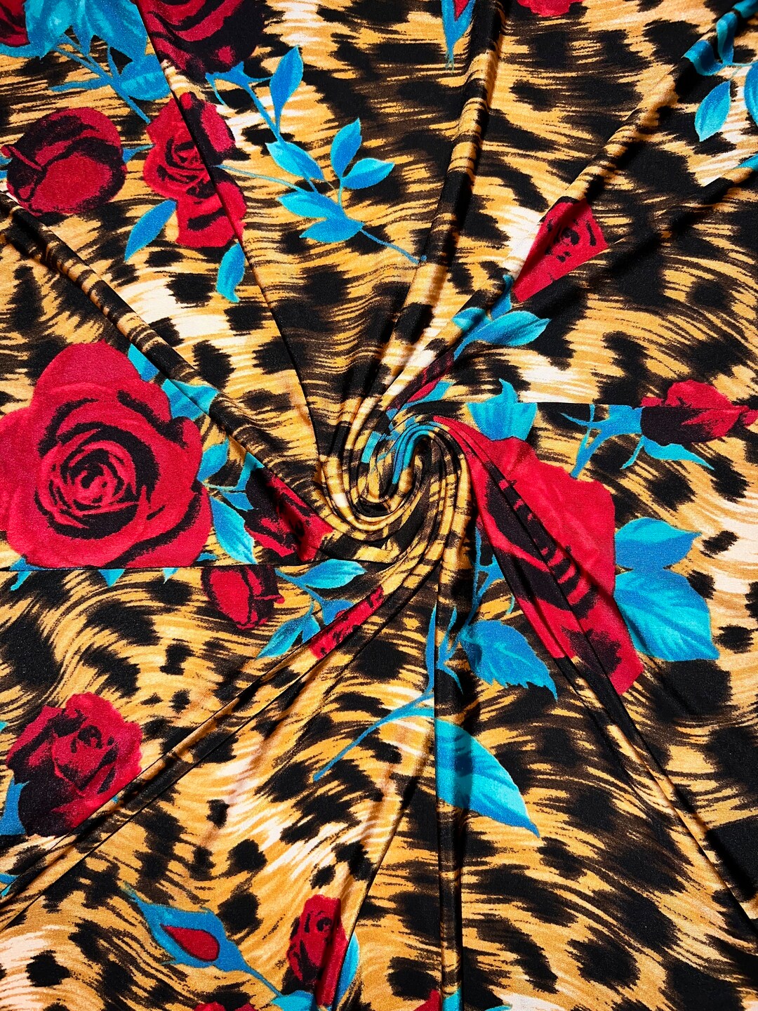 Romantic Roses Over Leopard Design on Polyester Spandex - Etsy