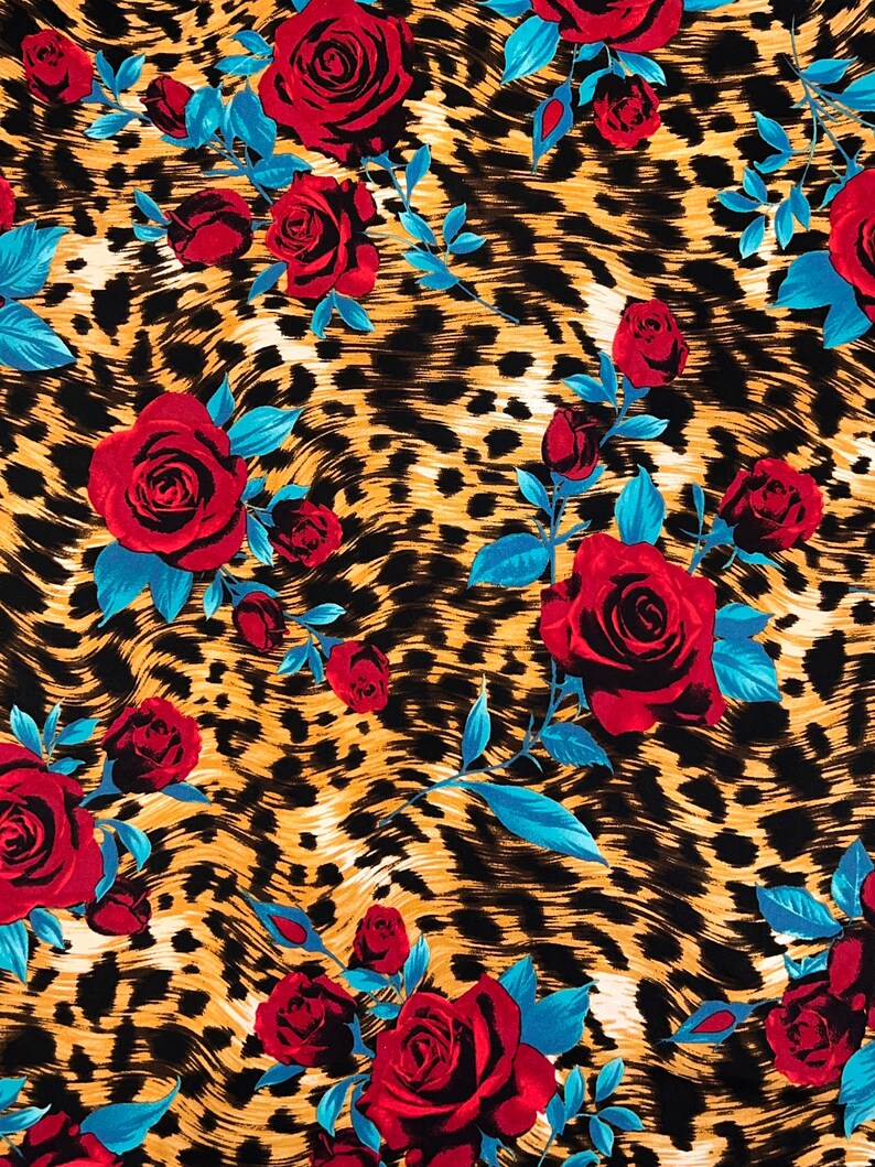 Romantic Roses Over Leopard Design on Polyester Spandex - Etsy