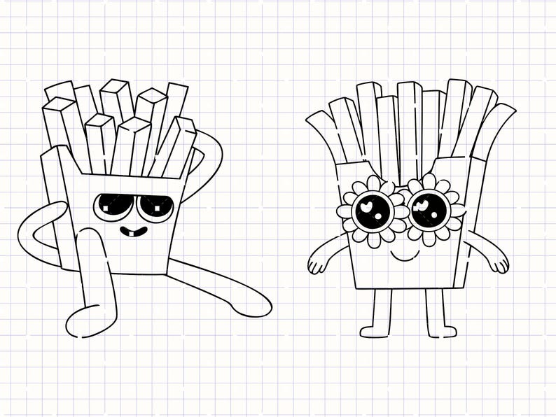 French Fries Line Art Clipart, Kawaii Fast Food SVG, Kawaii Food SVG ...