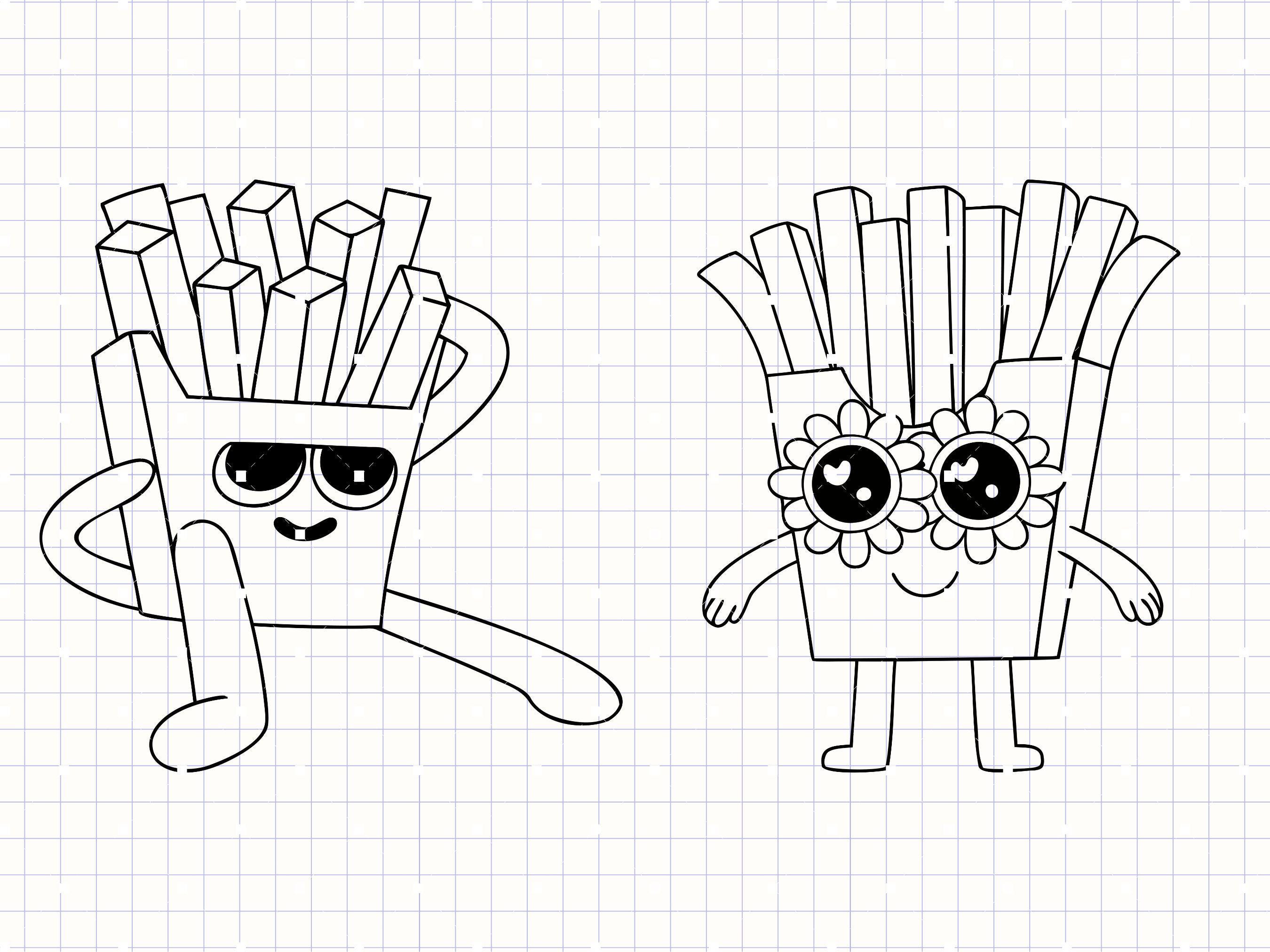 French Fries Line Art Clipart, Kawaii Fast Food SVG, Kawaii Food SVG ...