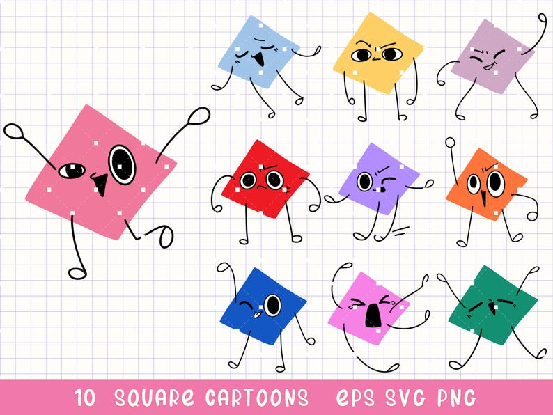 Funny Square Cartoon Clipart, Shape Characters SVG, Cute Geometric ...