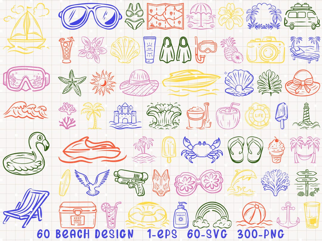 Beach Svg Bundle, Summer Doodle Clipart, Vacation Svg Set, Tropical ...