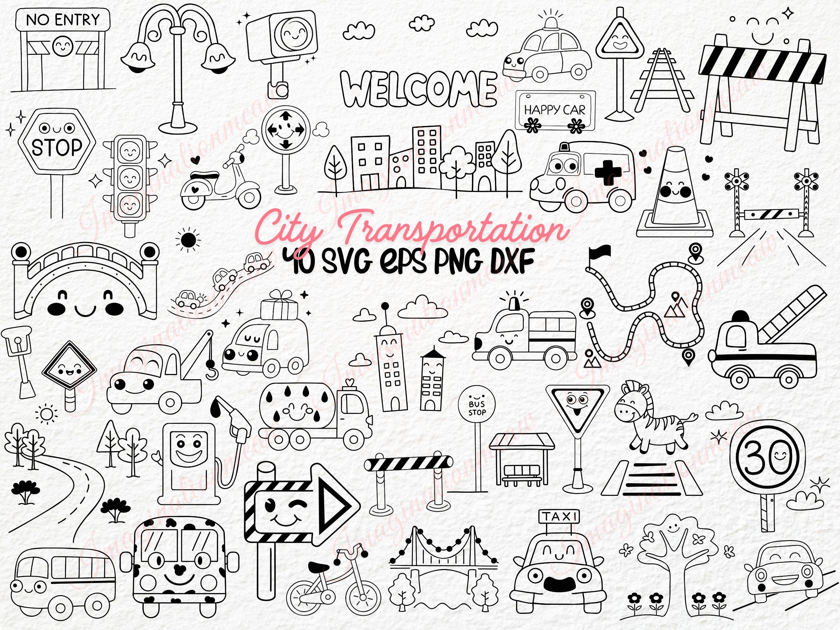 40 Doodle City Transportation SVG Designs, Cute Road Signs Clipart ...
