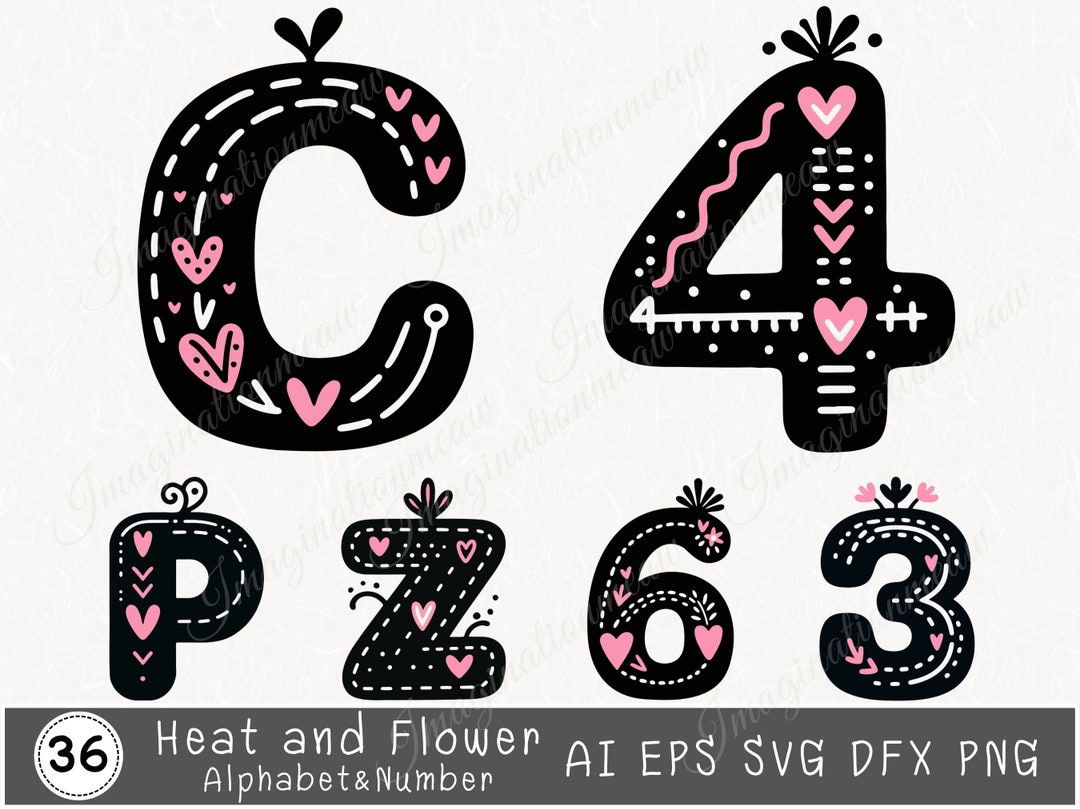 Heart and Flower Alphabet and Number Svg, Heart Numbers Svg, Flower ...