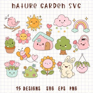Nature Garden SVG Bundle, Cute Kawaii Spring Clipart Set, Bunny Flower ...
