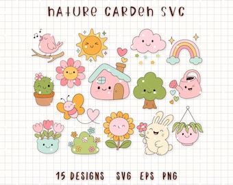Nature Garden SVG Bundle, Cute Kawaii Spring Clipart Set, Bunny Flower ...