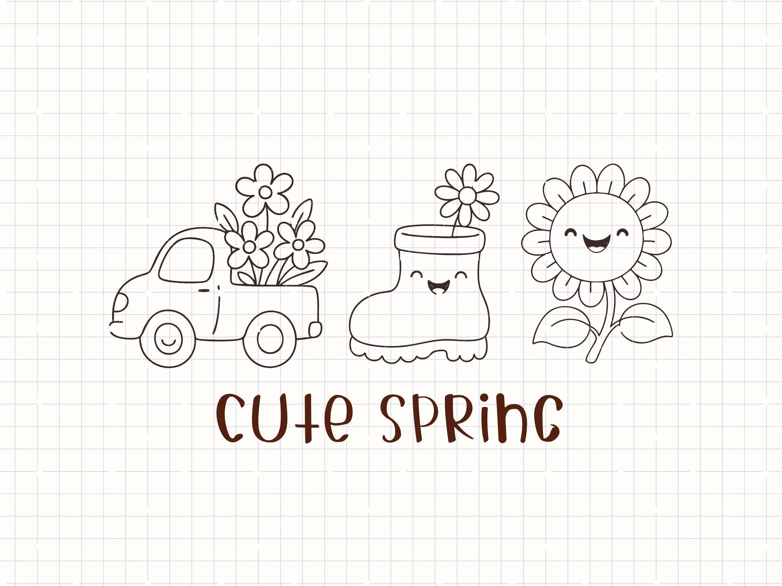 Cute Spring Clipart, Kawaii Flower Garden SVG Bundle, Hand Drawn Spring ...