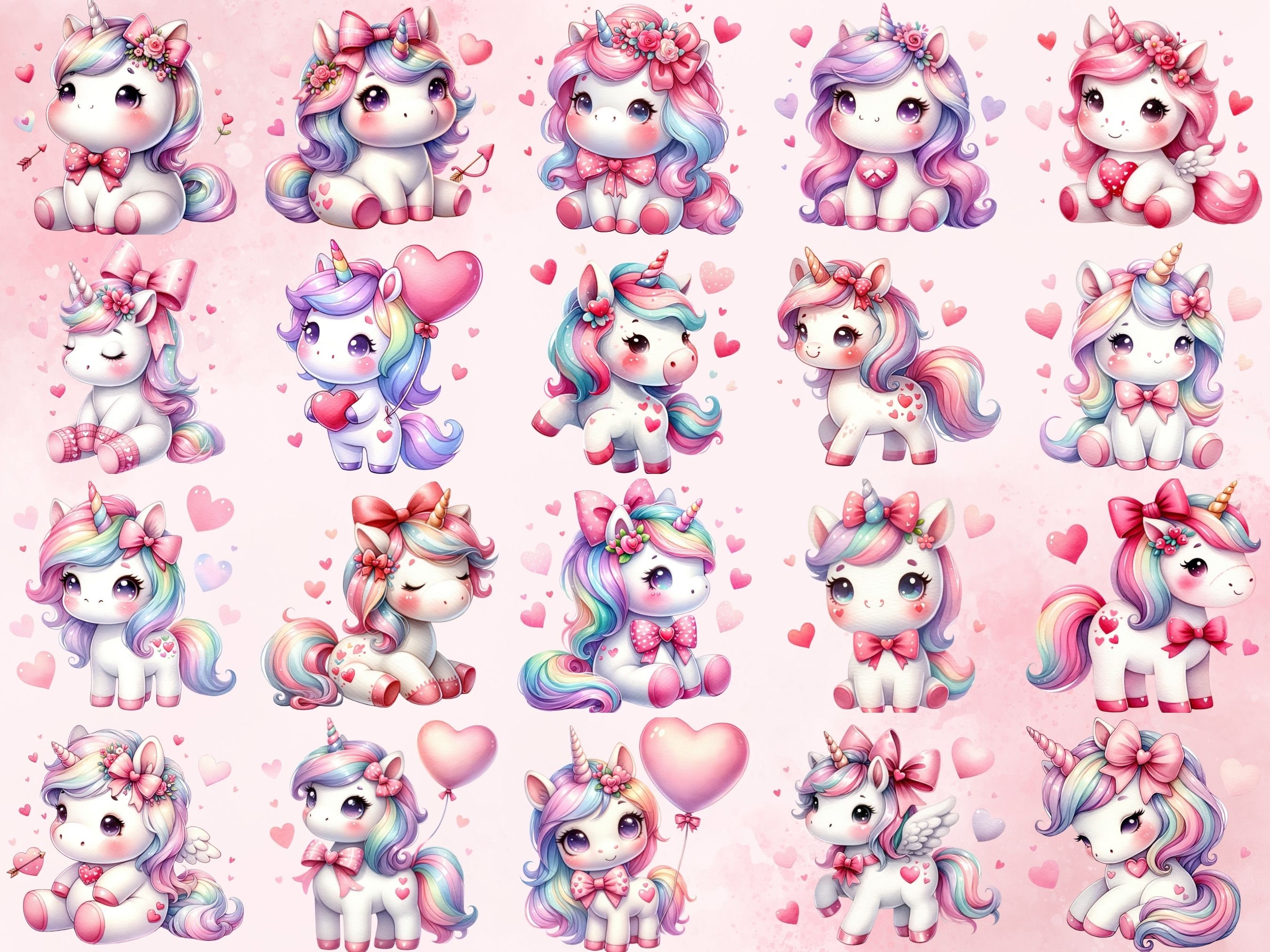 Watercolor Valentines Unicorn Collection Clipart, Unicorn Valentines ...