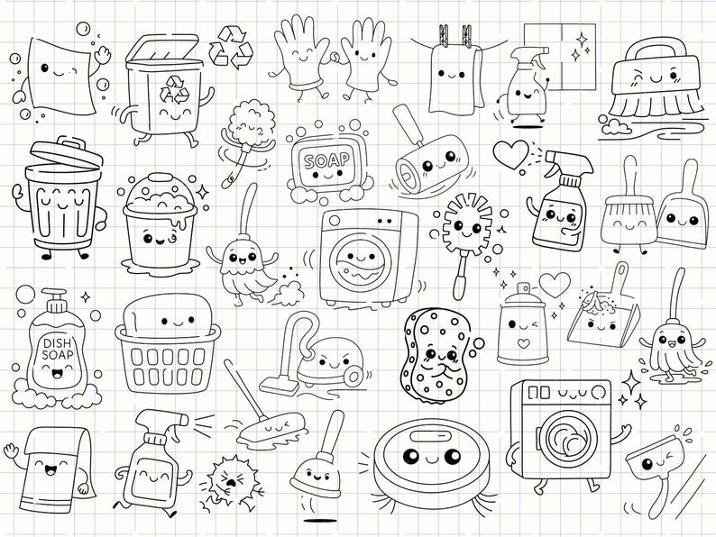 30 Kawaii Cleaning Clipart Bundle – Cute Cleaning Tools Line Art SVG ...