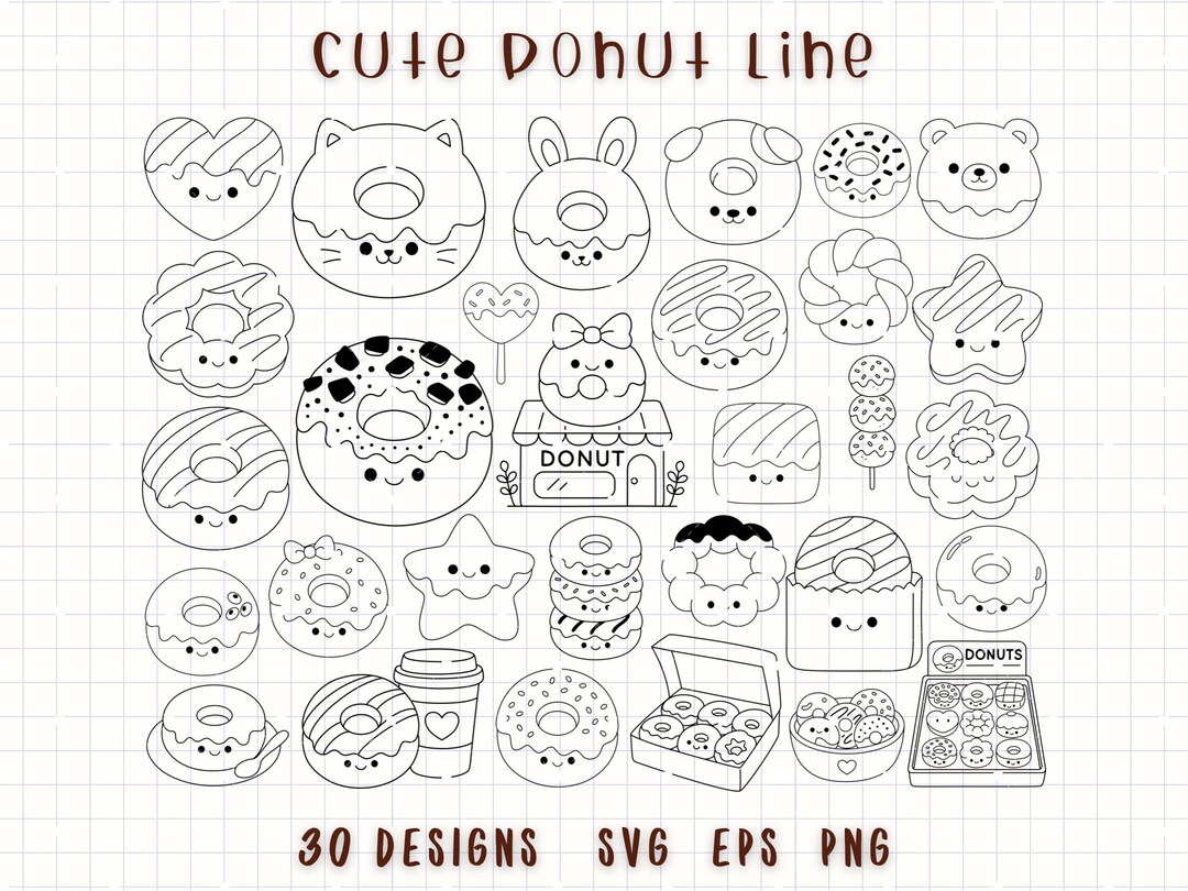 Cute Donut Line SVG Bundle, Kawaii Donut Outline Clipart, Cute Dessert ...