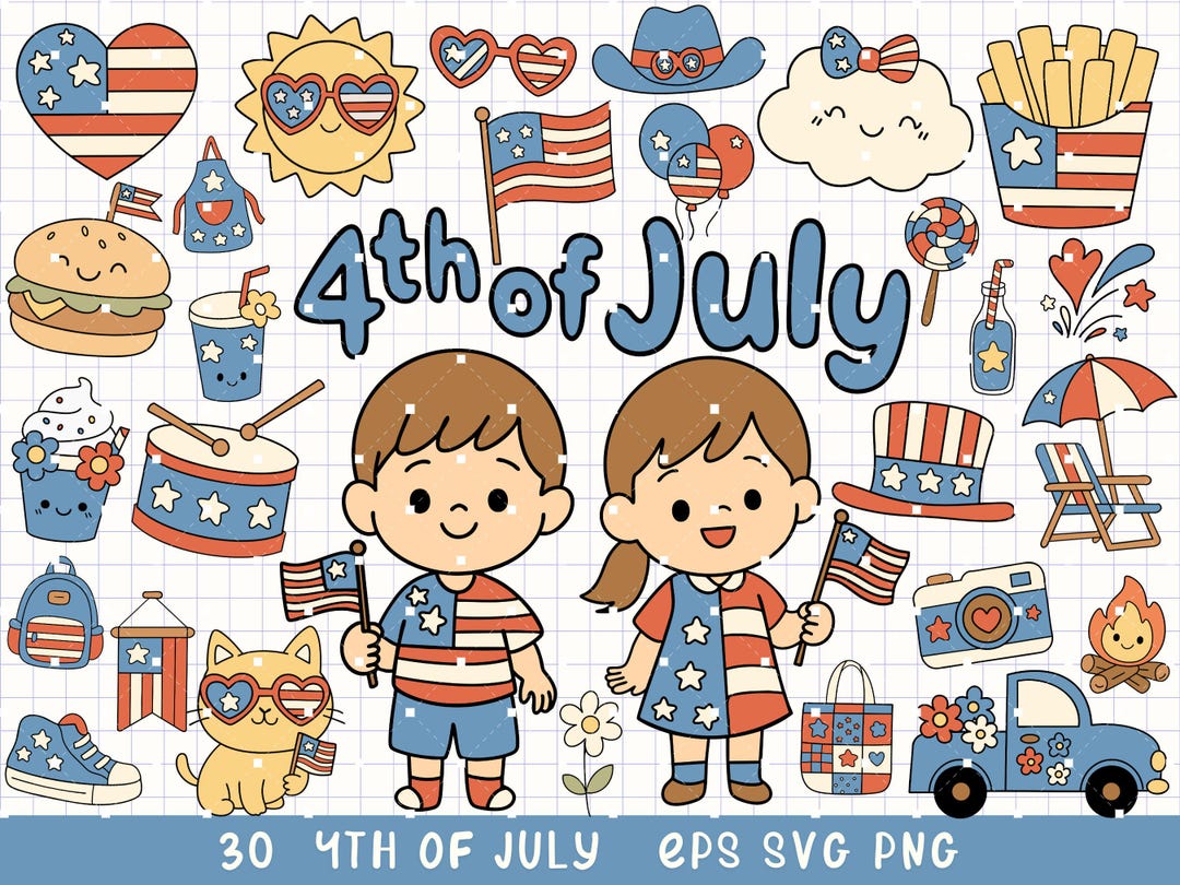 4th of July Clipart, Cute USA Independence Svg, Kawaii Patriotic ...
