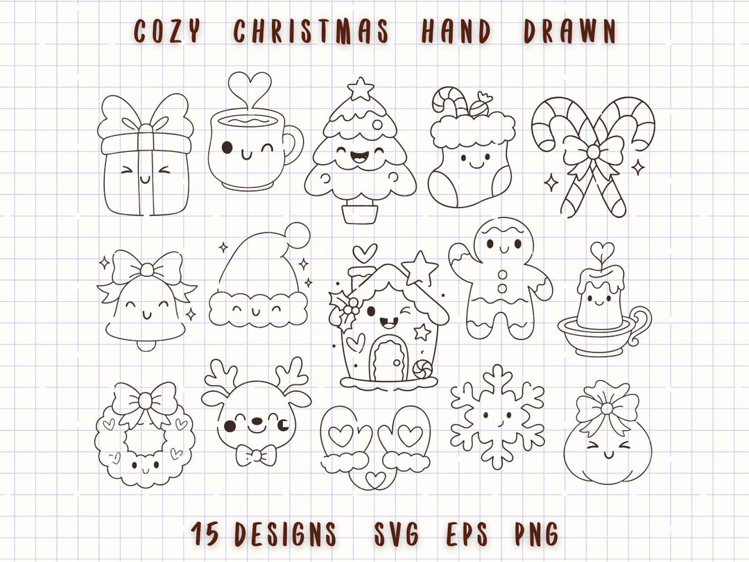 Cozy Christmas Hand Drawn SVG Set, Cute Holiday Line Art Clipart ...