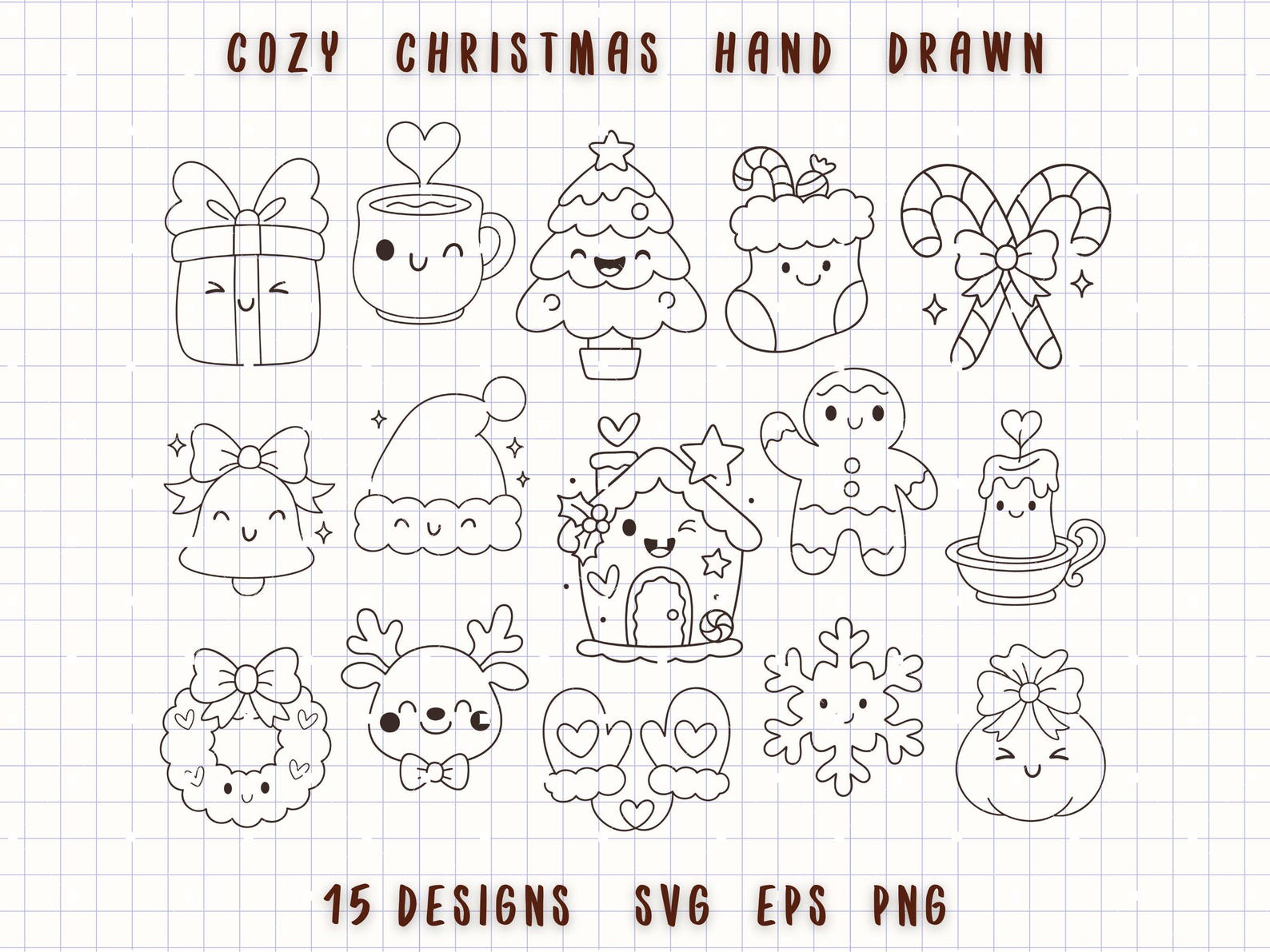 Cozy Christmas Hand Drawn SVG Set, Cute Holiday Line Art Clipart ...