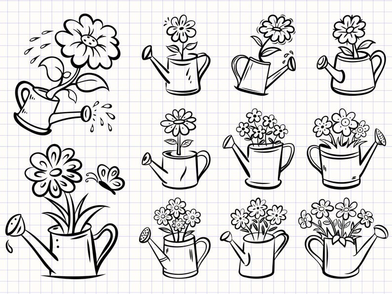 Watering Can Clipart, Garden SVG, Flower PNG, Botanical Doodles, Spring ...