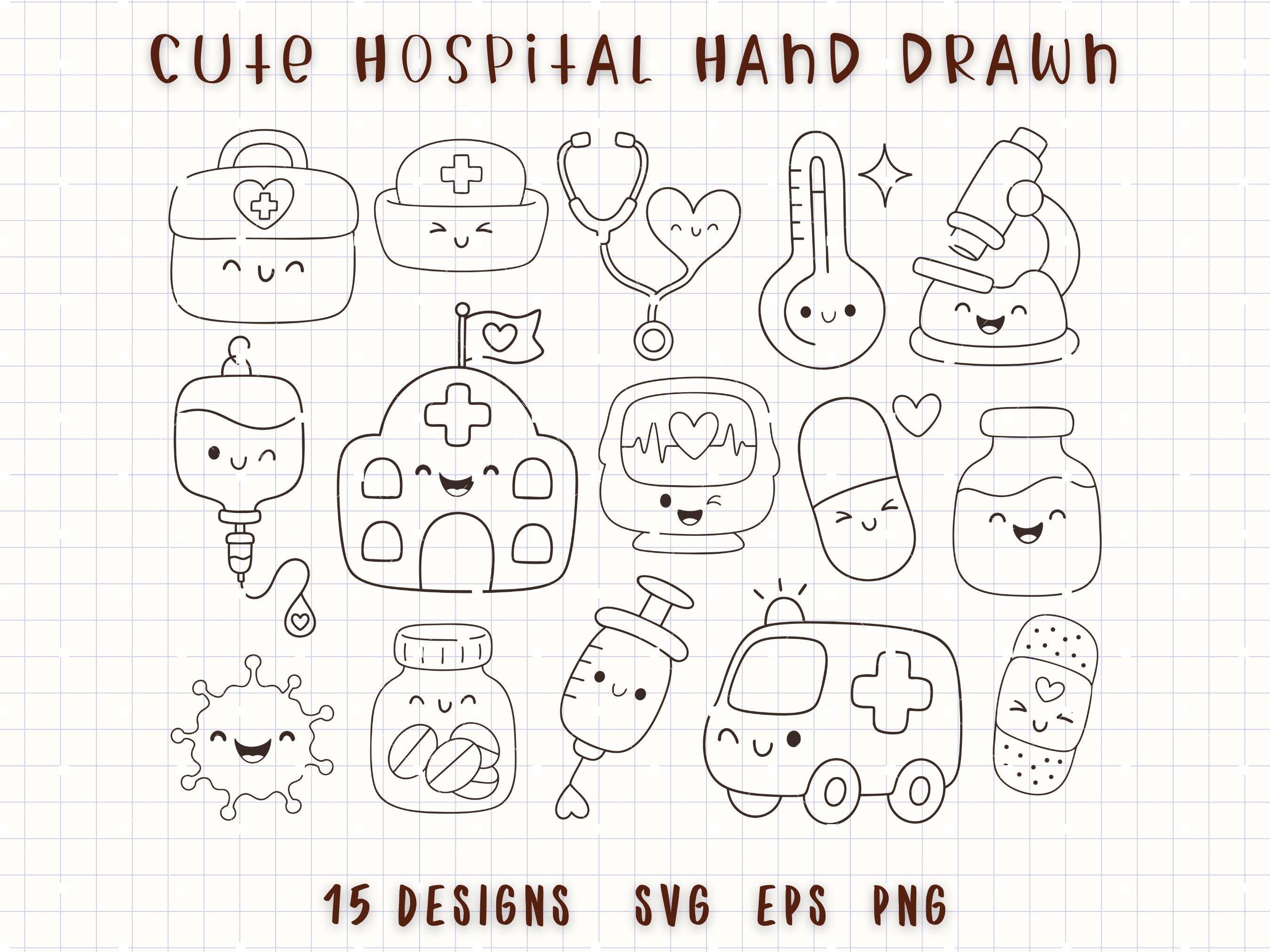 Cute Hospital Clipart, Kawaii Medical SVG Bundle, Hand Drawn Healthcare ...