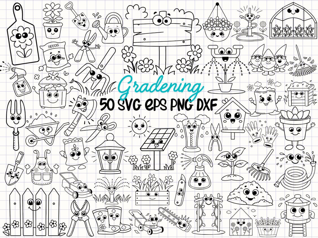 50 Gardening Svg, Kawaii Garden Clipart, Gardening Outlines, Home Tools ...
