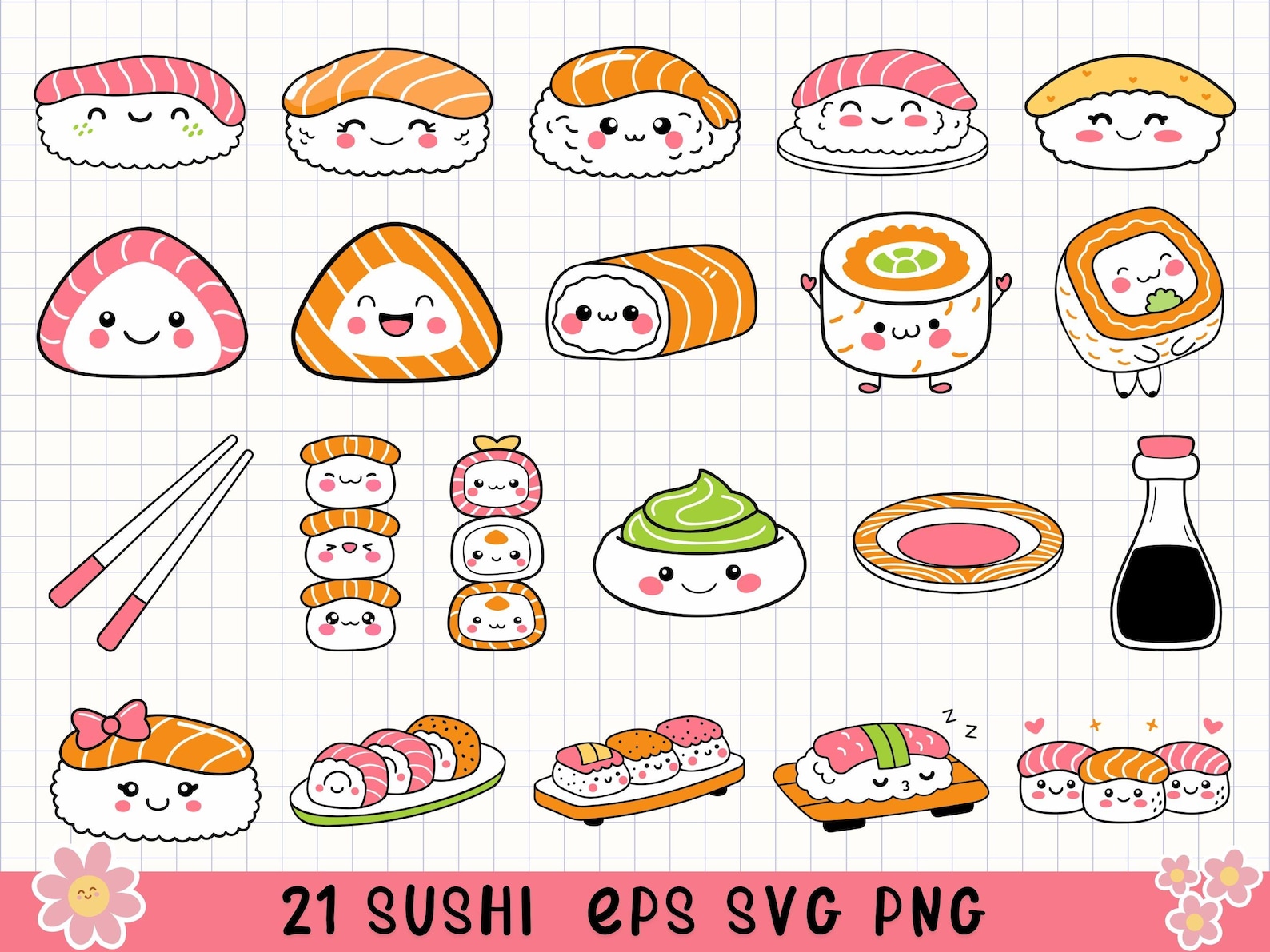 Kawaii Sushi Clipart, Cute Japanese Food SVG, Cute Sushi Svg, Nigiri ...