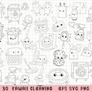 30 Kawaii Cleaning Clipart Bundle – Cute Cleaning Tools Line Art SVG ...