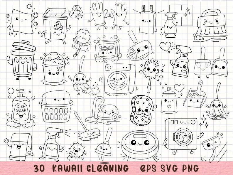 30 Kawaii Cleaning Clipart Bundle – Cute Cleaning Tools Line Art SVG ...