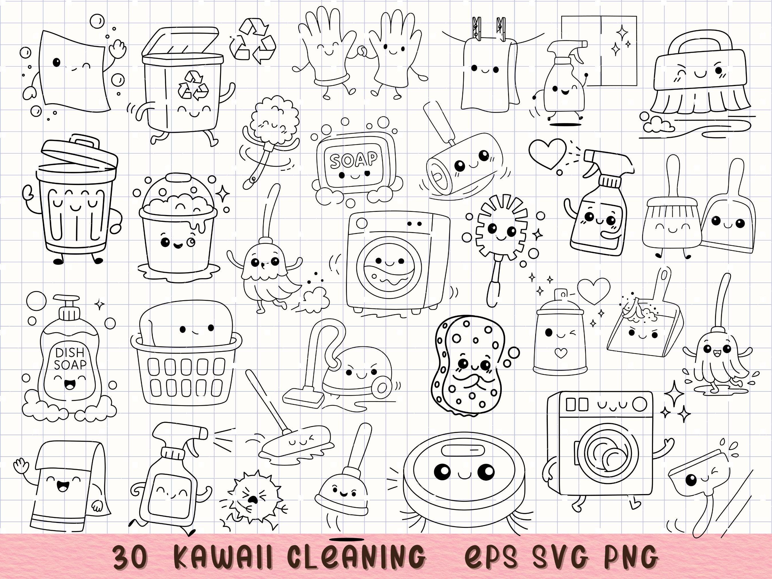 30 Kawaii Cleaning Clipart Bundle – Cute Cleaning Tools Line Art SVG ...