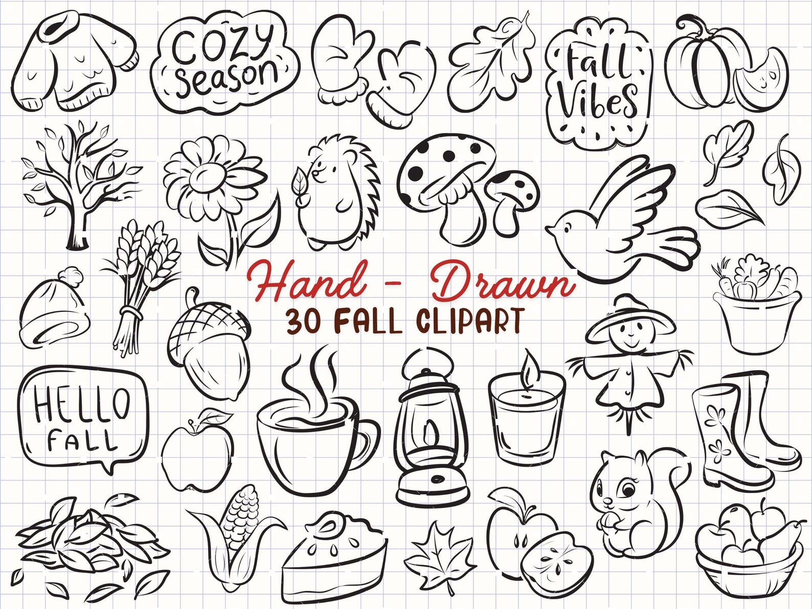 Fall Svg Bundle, Autumn Clipart Doodle, Hand Drawn Cozy Season Clipart ...