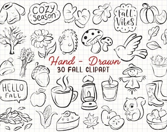 Fall Svg Bundle, Autumn Clipart Doodle, Hand Drawn Cozy Season Clipart ...