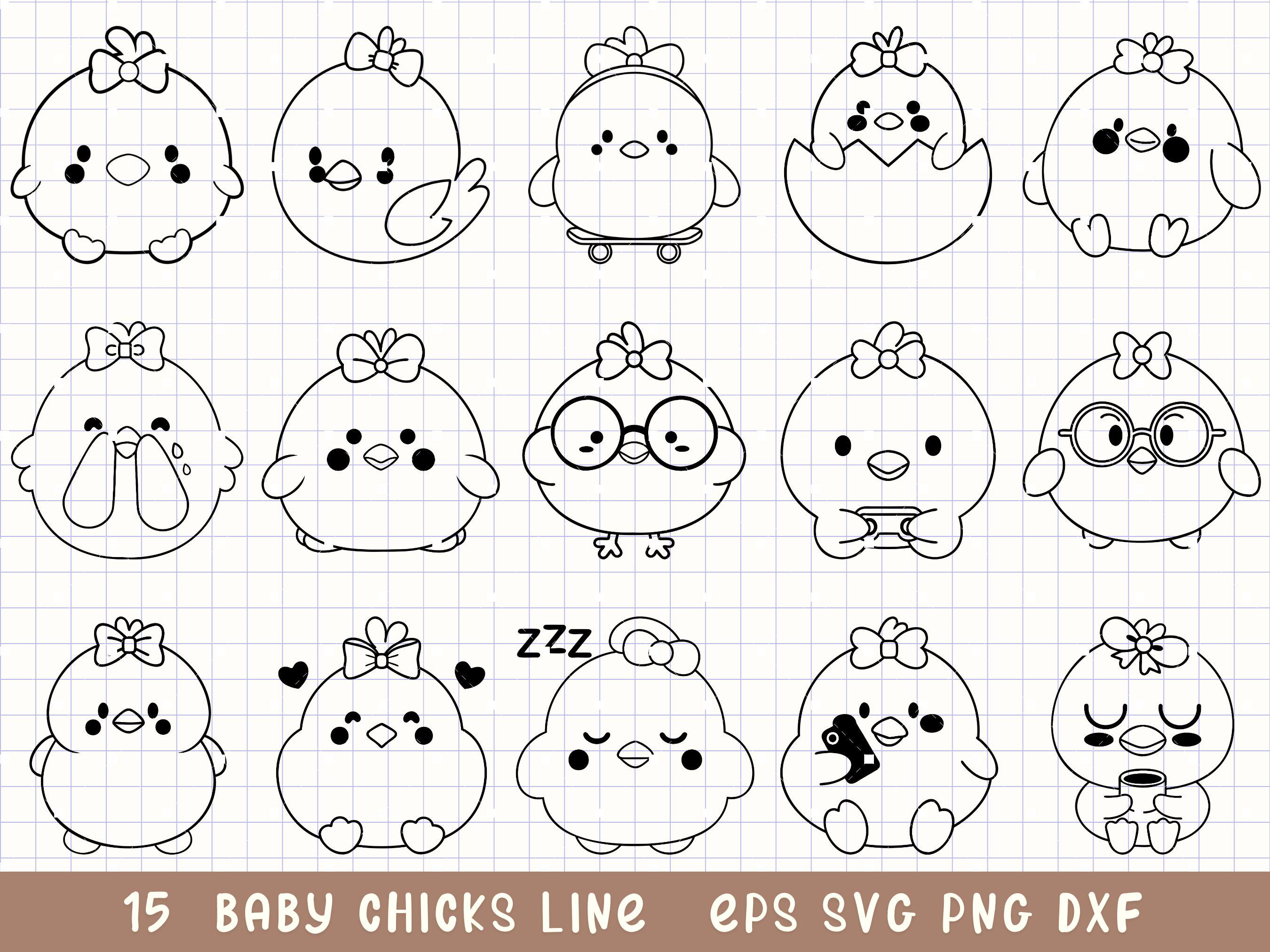 Baby Chicks Line Art Clipart, Cute Chicken SVG, Easter Chick PNG, Farm ...
