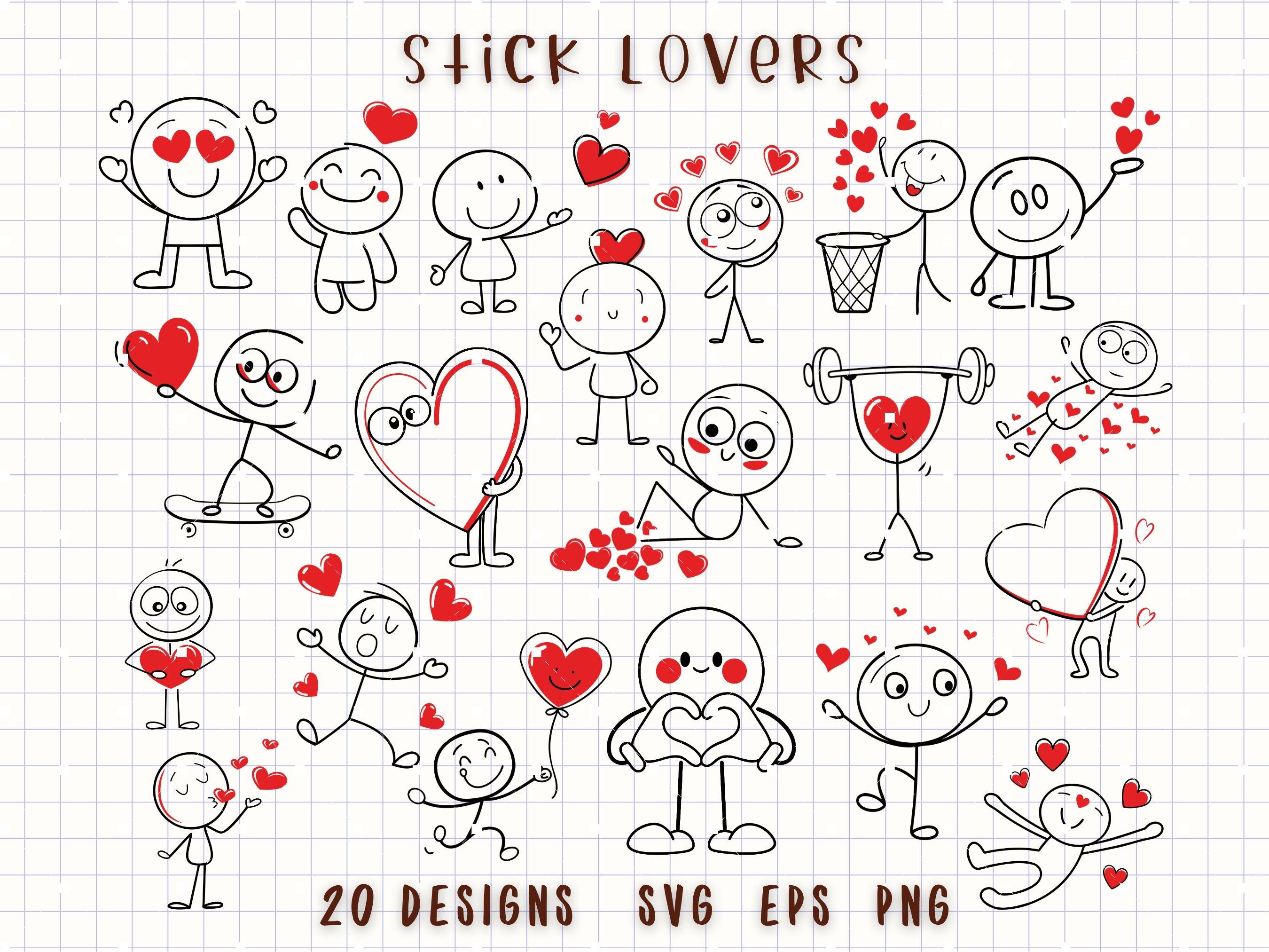 Stick Lovers SVG Bundle, Cute Stick Figure Love Clipart, Kawaii ...