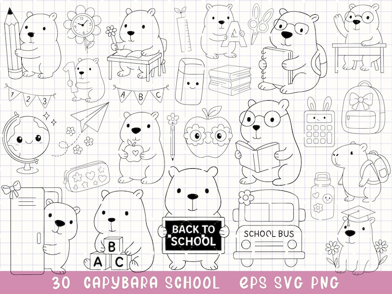School Capybara Clipart, Back to School Svg, Capybara Line Art, Cute ...