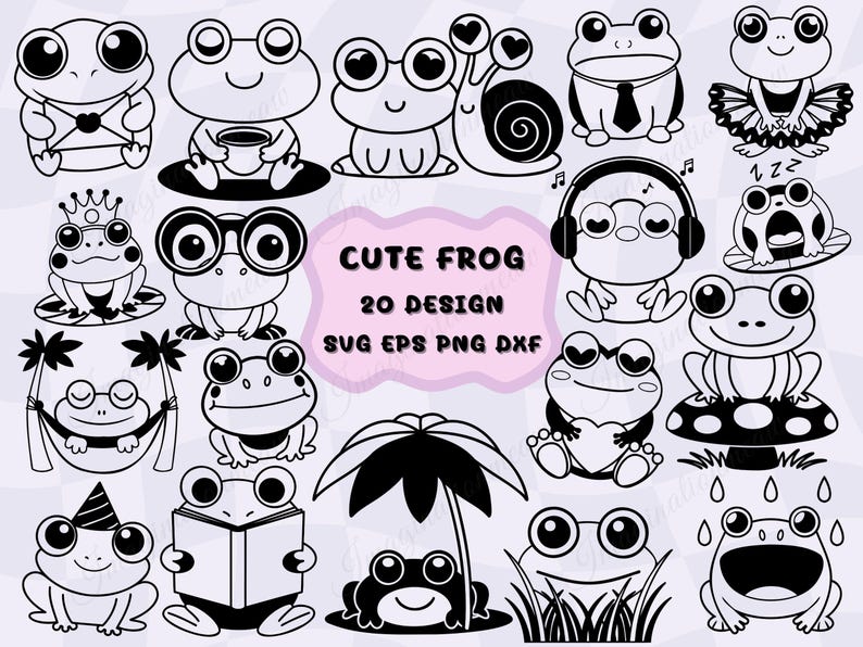 Cute Frog Clipart Bundle, Frog Line Art SVG, Adorable PNG Designs ...
