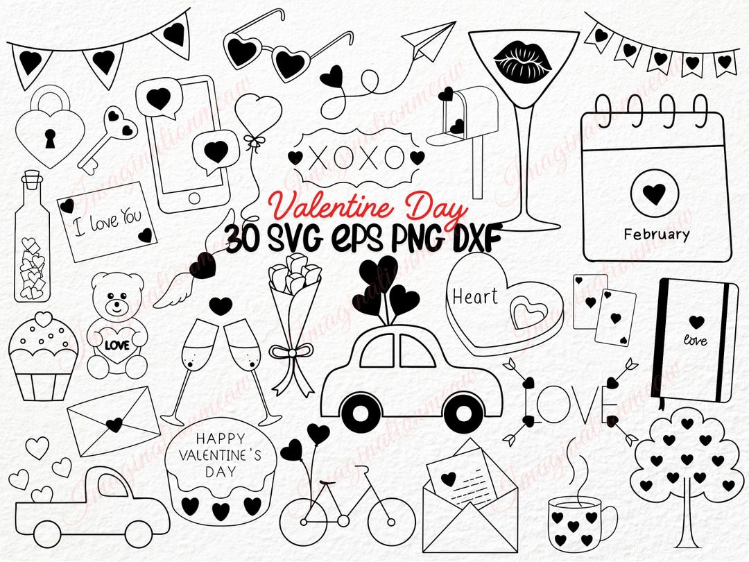 30 Valentine’s Day Doodle SVG, Romantic Heart and Love Clipart ...