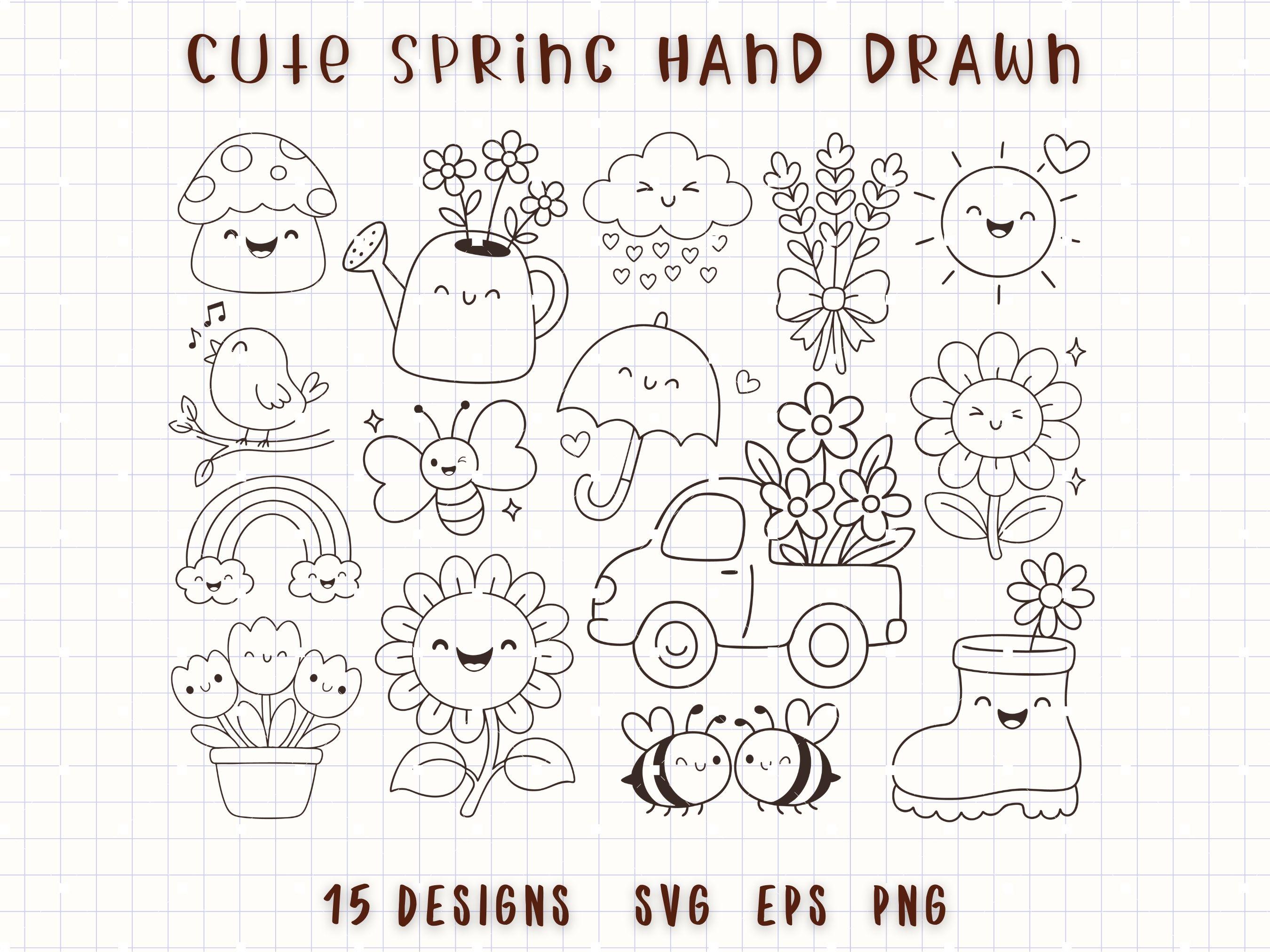 Cute Spring Clipart, Kawaii Flower Garden SVG Bundle, Hand Drawn Spring ...