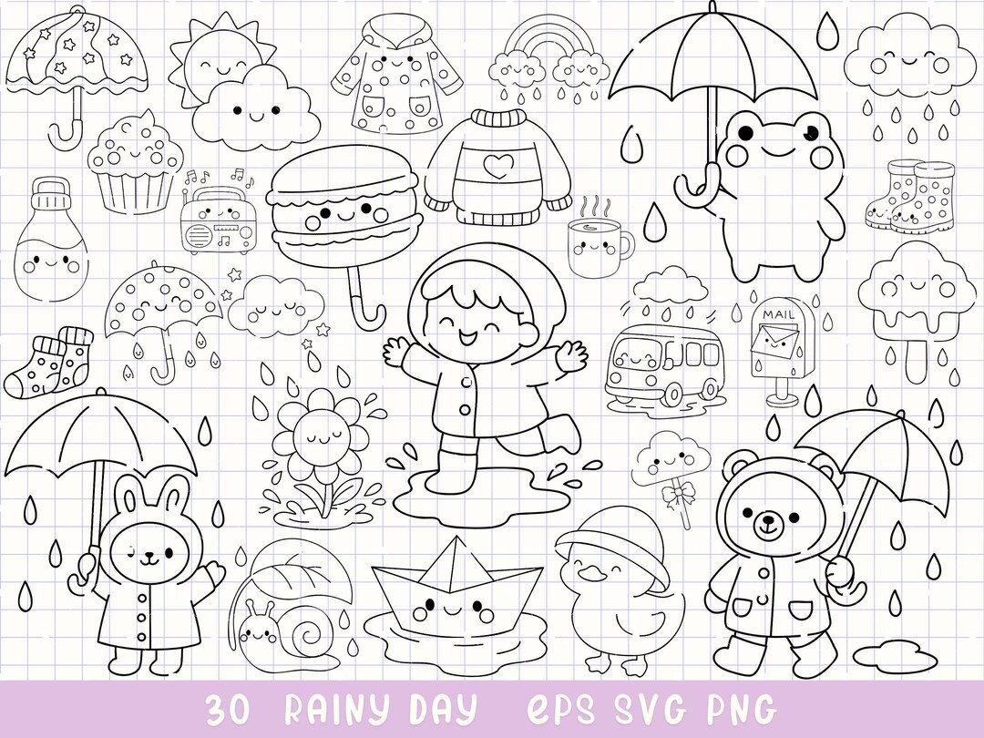 Rainy Day Clipart, Cute Weather Svg, Kawaii Rain Doodles, Rainy Day ...