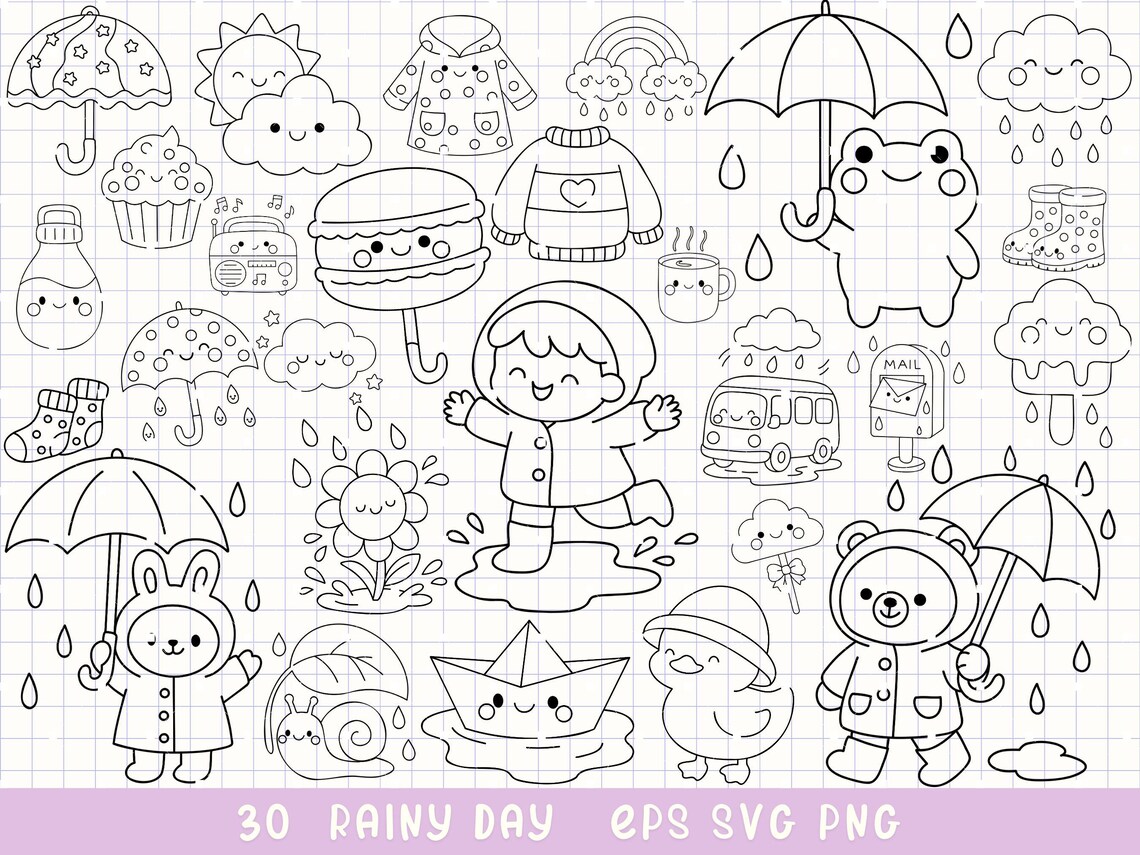 Rainy Day Clipart, Cute Weather Svg, Kawaii Rain Doodles, Rainy Day ...