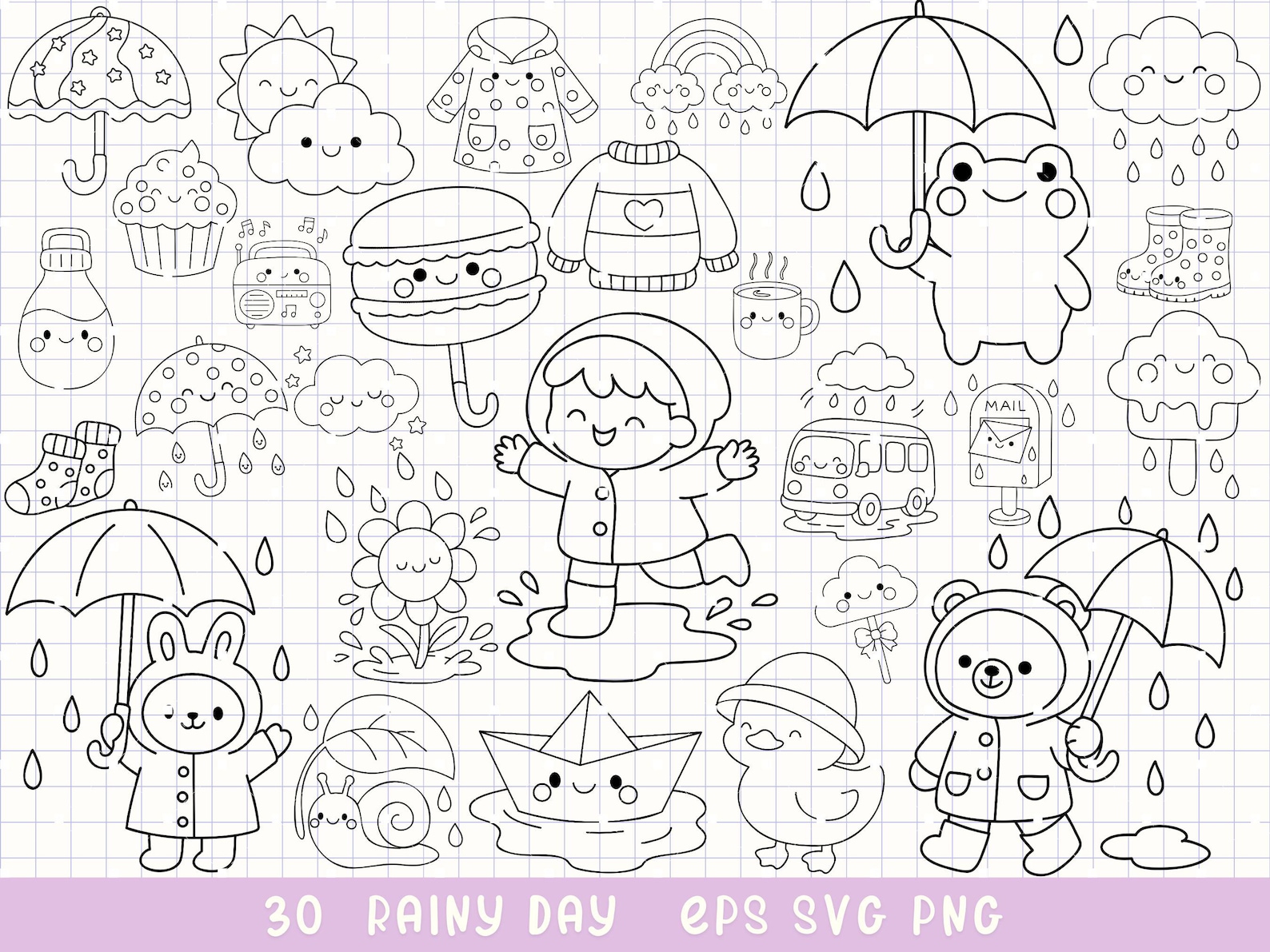 Rainy Day Clipart, Cute Weather Svg, Kawaii Rain Doodles, Rainy Day ...
