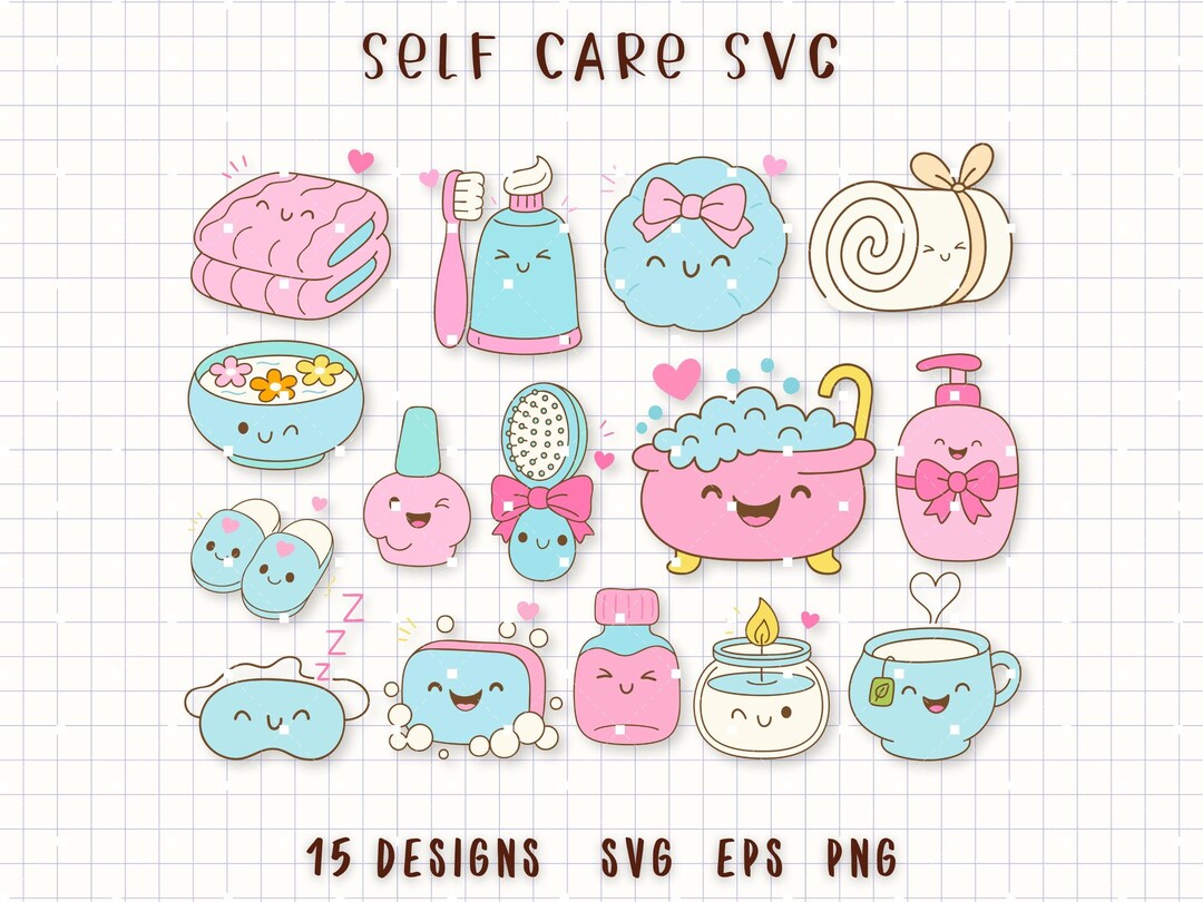 Self Care SVG Bundle, Kawaii Spa Wellness Clipart, Cute Bath Relax ...