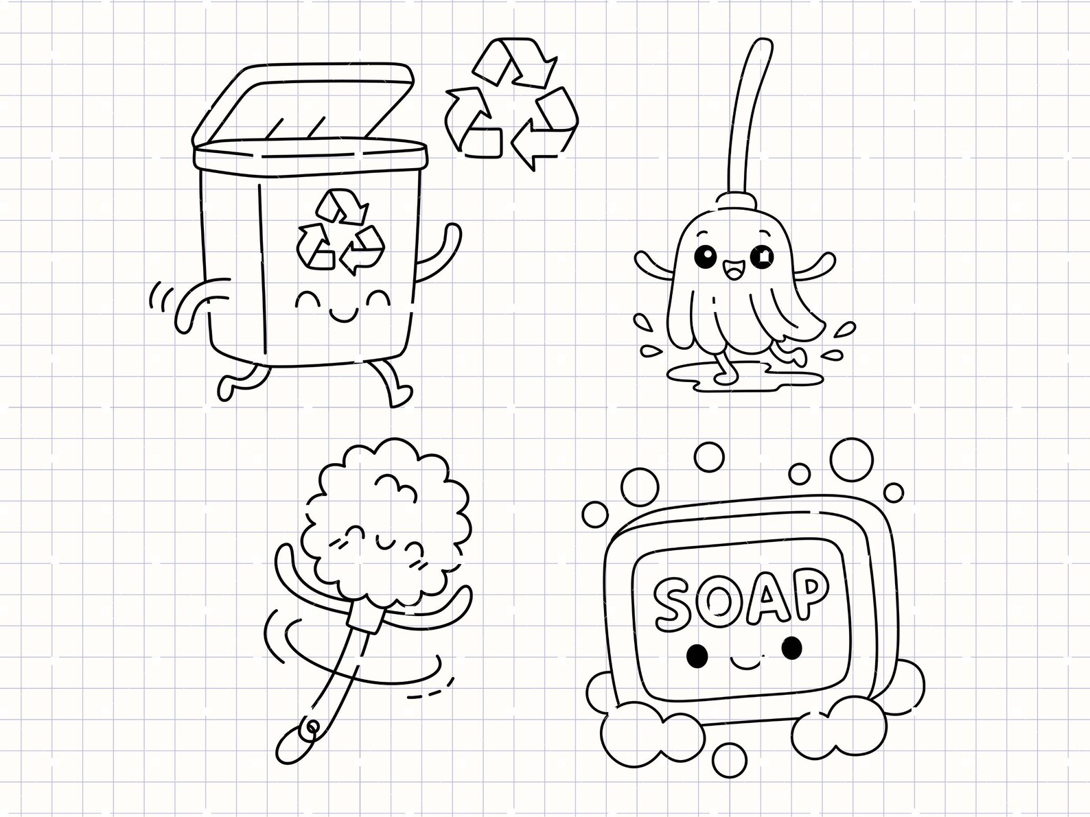 30 Kawaii Cleaning Clipart Bundle – Cute Cleaning Tools Line Art SVG ...