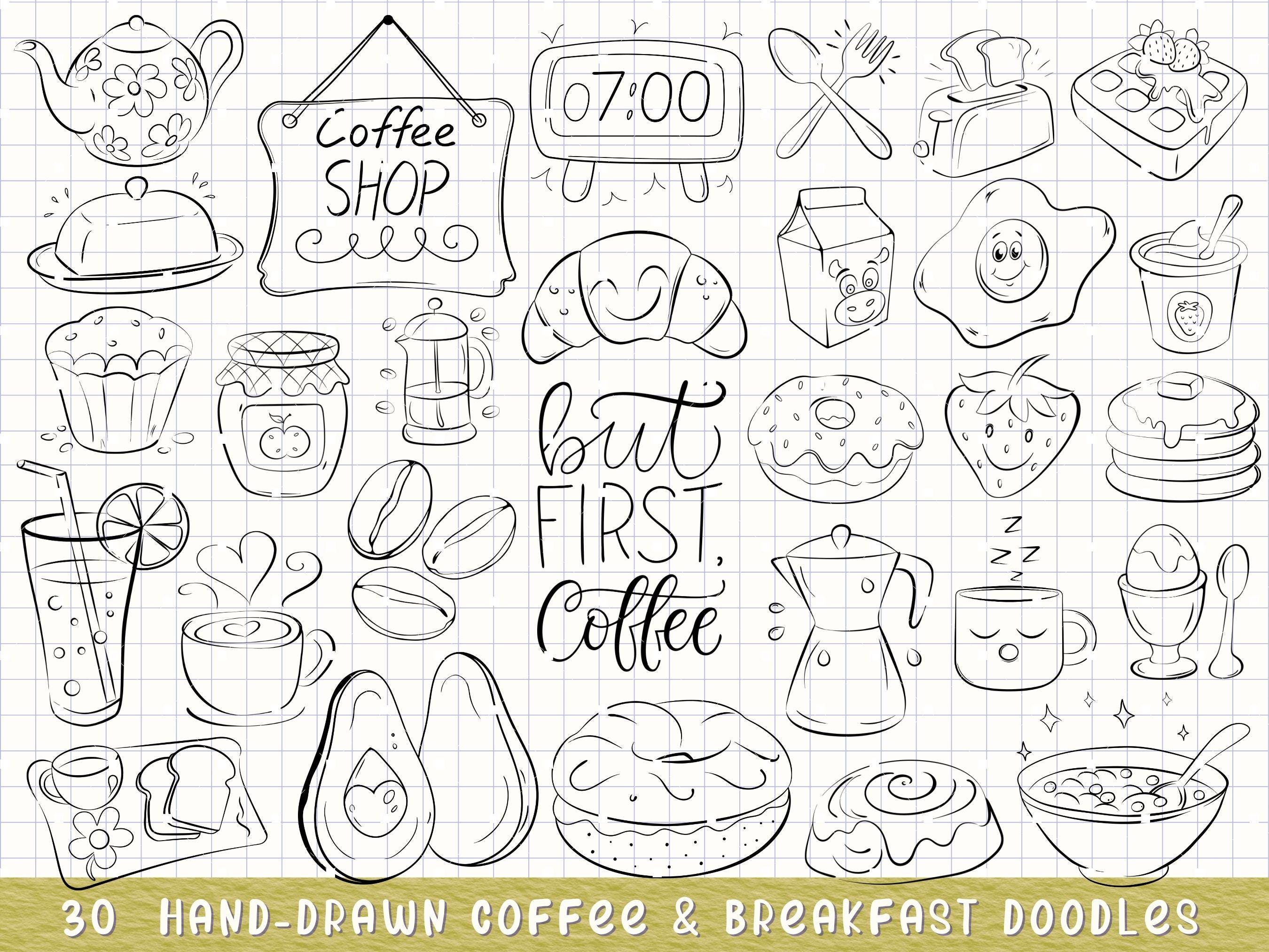 30 Whimsical SVG Coffee and Breakfast Doodles, Hand-drawn Doodle ...