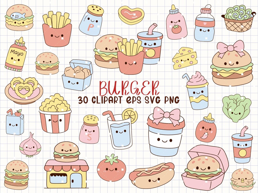 Burger Svg Bundle, Fast Food Clipart Doodle, Cute Kawaii Burger Svg for ...