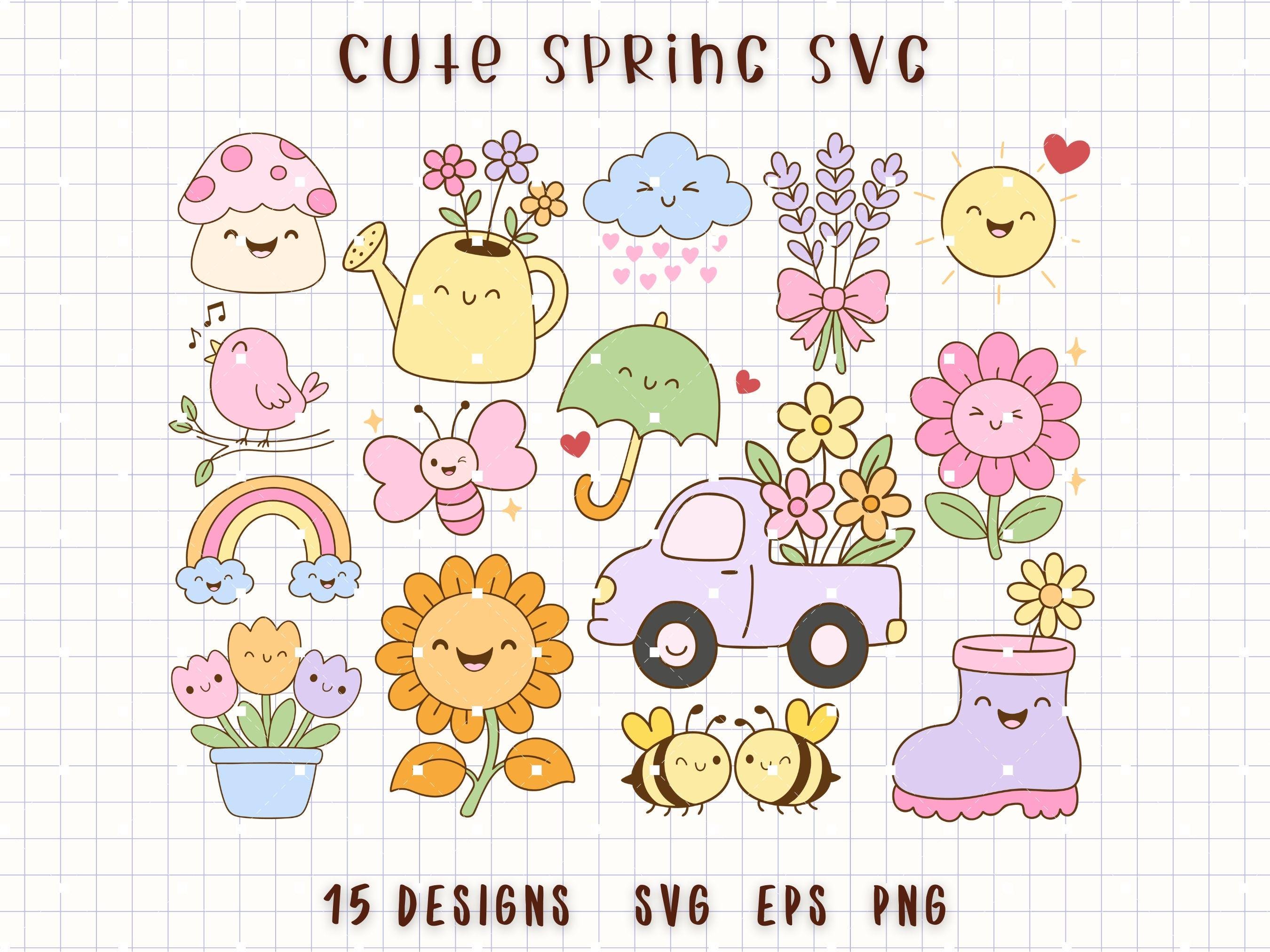 Cute Spring SVG Bundle, Kawaii Flowers Bees Rainbow Clipart, Spring ...