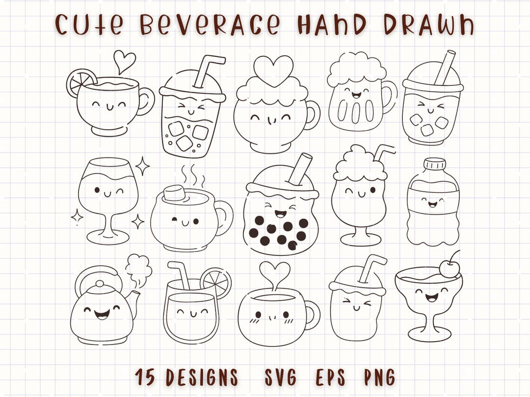 Cute Beverage Clipart, Kawaii Coffee Tea Juice SVG Bundle, Cozy Cafe ...