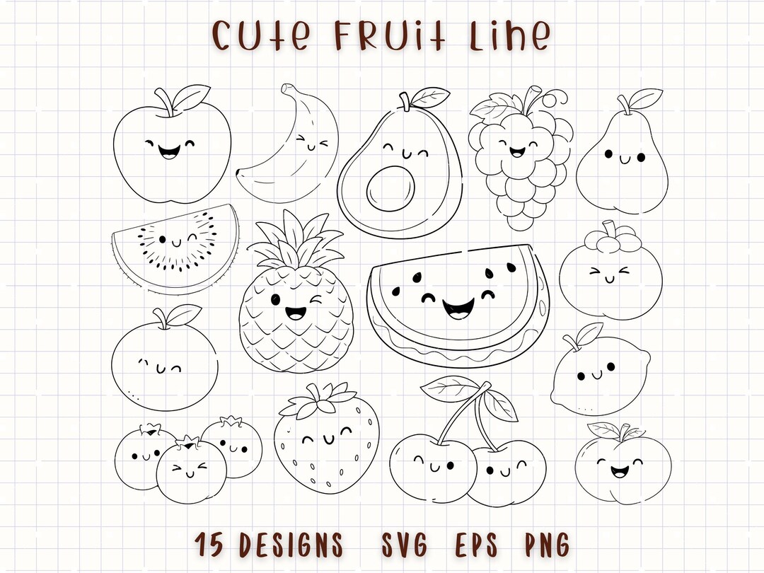 Cute Fruit Line Art SVG Bundle, Kawaii Fruit Outline Clipart Set ...