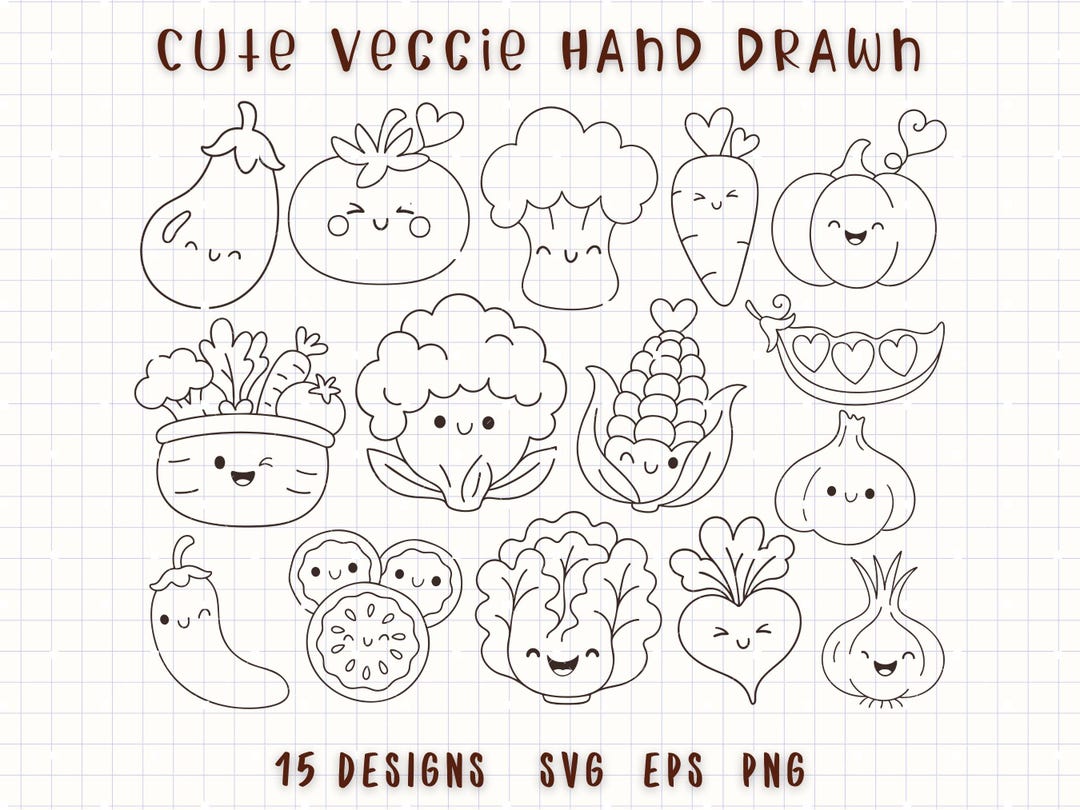 Cute Vegetable Clipart, Kawaii Veggie SVG Bundle, Hand Drawn Healthy ...