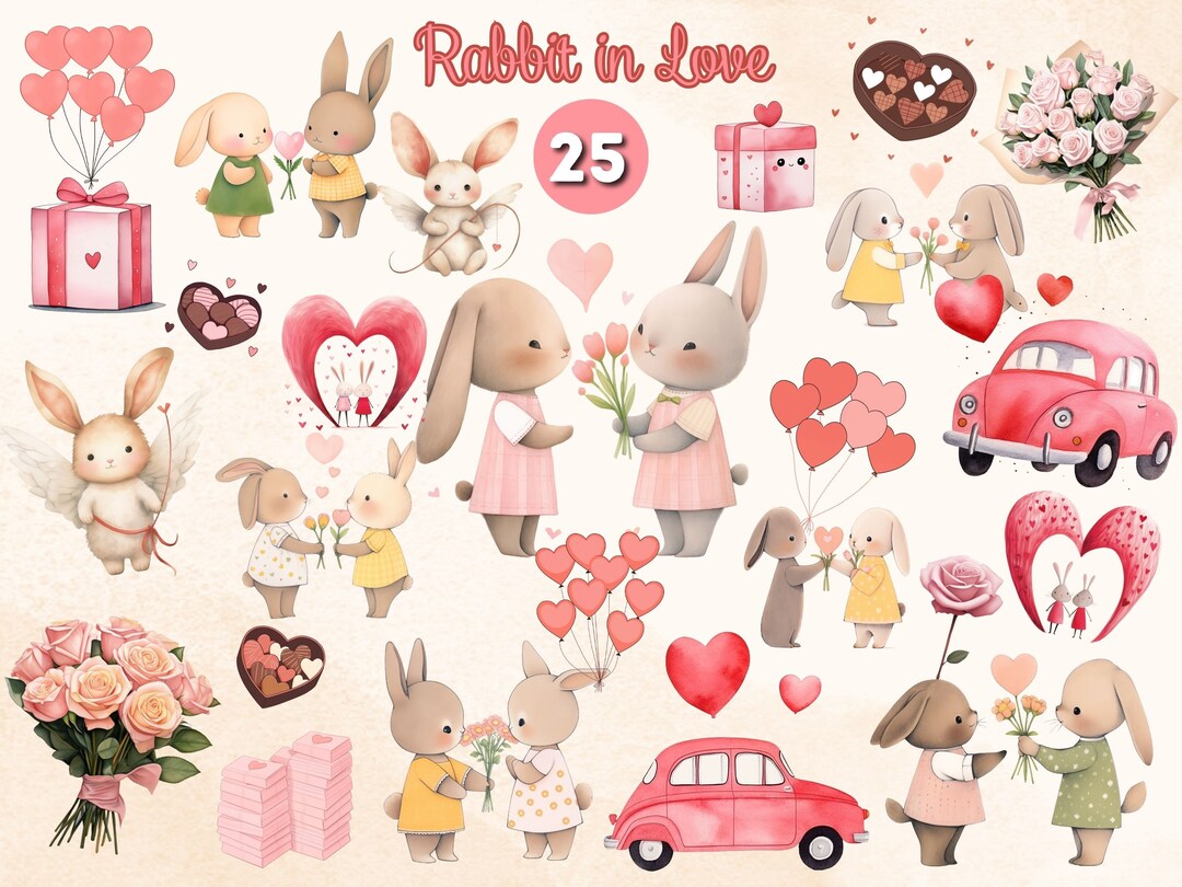Watercolor Valentines Day Clipart, Rabbit in Love, Valentine Cute Bunny ...